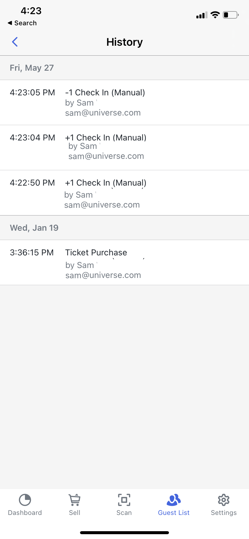 BoxOffice App: Viewing the check in history of a ticket – Universe Help ...